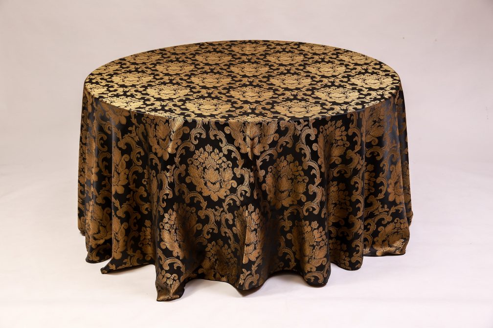 Beethoven Damask Black/Gold Linen | A to Z Party Rental, Montgomeryville PA